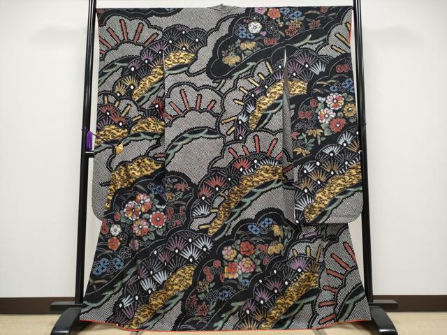 平和屋本店●極上　振袖　絞り　花松文　黒地　金銀彩　逸品　CYAA4036s6