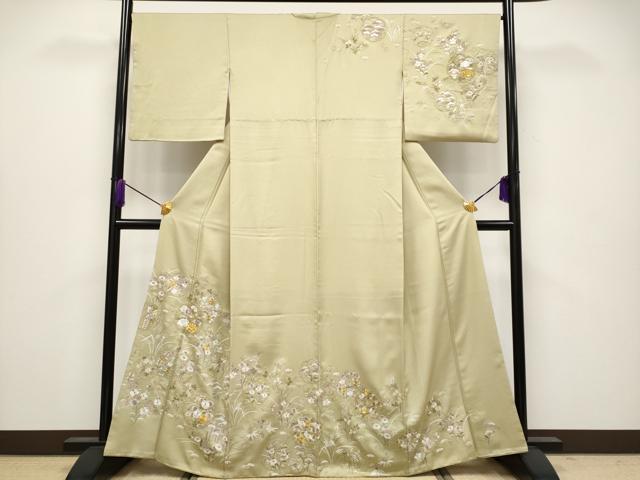 平和屋本店●極上　中国三大刺繍　相良刺繍　訪問着　駒刺繍　雪輪草花文　利休茶色　金糸　逸品　CYAA4069s6