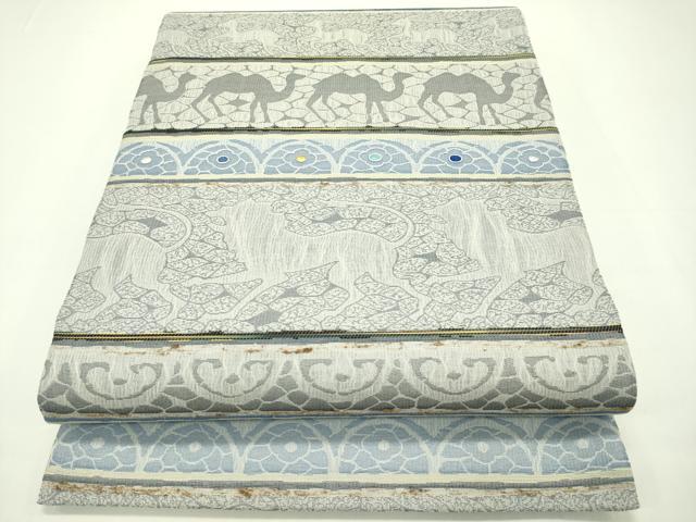 平和屋本店■極上　スリーシーズン　全通柄袋帯　天然石　ぜんまい紬　動物横段文　金銀彩　逸品　未使用　CZAA1357s5