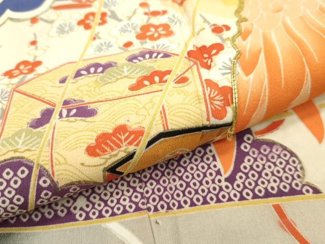 平和屋本店□極上 アンティーク 振袖 駒刺繍 檜扇飛鶴草花文 暈
