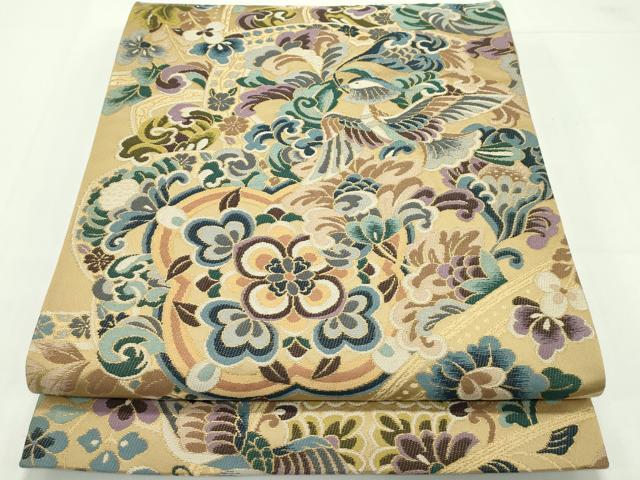 平和屋本店■極上　西陣　白綾苑大庭　六通柄袋帯　鴛鴦草花文　金糸　逸品　CZAA1713s5