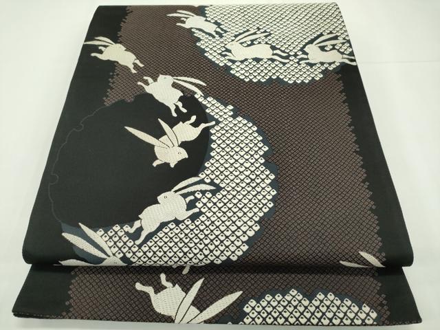 平和屋本店■極上　西陣織　天平初年創始の京の老舗　洛陽織物　六通柄袋帯　唐織　浪月兎文　黒地　逸品　CZAA1715s5