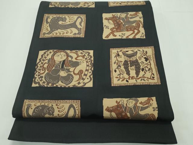 平和屋本店■極上　名門木屋太　今河織物　六通柄袋帯　人物動物文　黒地　逸品　CZAA1783s5