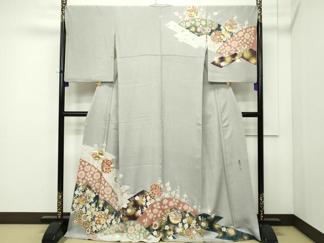平和屋本店■極上　京友禅の第一人者　松井青々　訪問着　駒刺繍　草花丸文　金銀彩　茶鼠色地　逸品　CZAA1891s5