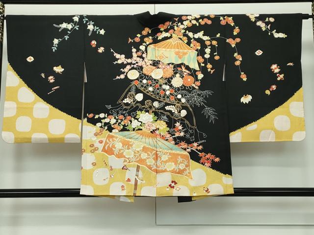 平和屋本店■極上　アンティーク　大正ロマン　羽織　駒刺繍　宝尽くし花文　黒地　金彩　羽織紐付き　逸品　CZAA1909s5