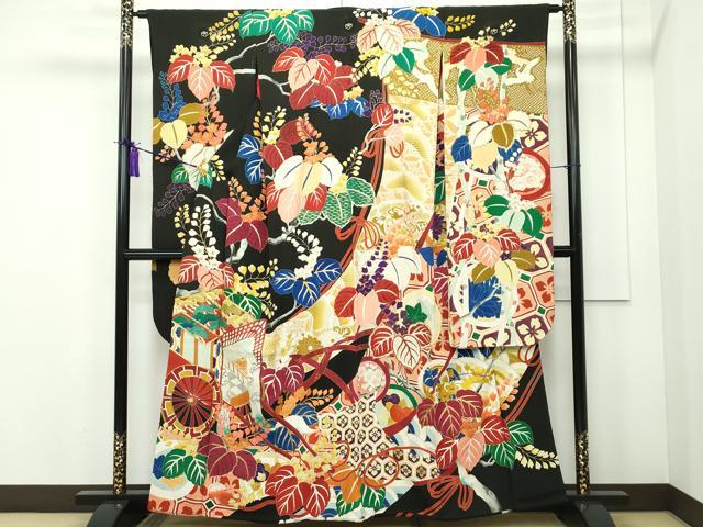 平和屋本店■極上　アンティーク　大正ロマン　振袖　駒刺繍　御所車枝花文　黒地　逸品　CZAA1924s5