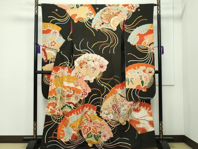 平和屋本店■極上　アンティーク　大正ロマン　振袖　駒刺繍　檜扇草花文　黒地　金彩　逸品　CZAA1930s5