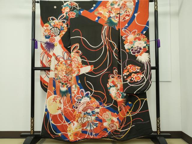 平和屋本店■極上　アンティーク　大正ロマン　振袖　駒刺繍　檜扇鼓吉祥文　黒地　金彩　逸品　CZAA1931s5