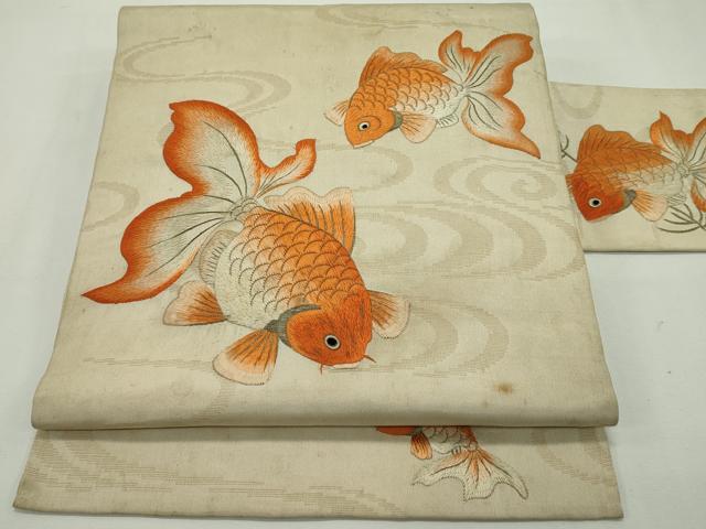 平和屋本店■極上　アンティーク　九寸名古屋帯　総刺繍　金魚　金糸　逸品　CZAA2038s5
