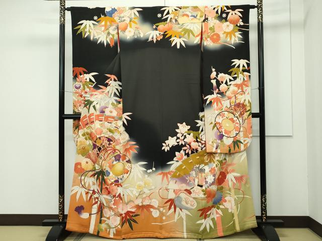 平和屋本店■極上　アンティーク　大正ロマン　振袖　駒刺繍　鼓松竹梅花文　暈し染め　黒地　金銀彩　逸品　CZAA2041s5
