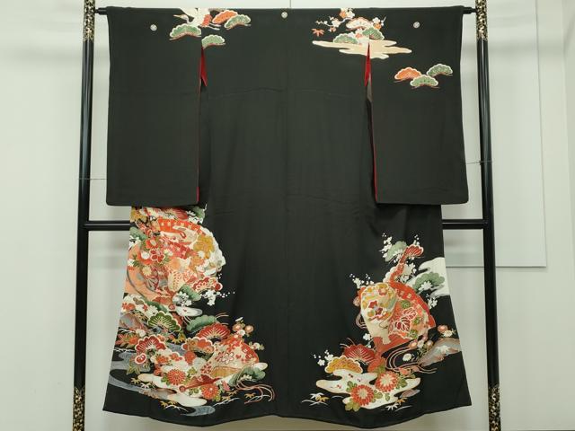 平和屋本店■極上　アンティーク　大正ロマン　訪問着　駒刺繍　檜扇花松文　黒地　金彩　逸品　CZAA2045s5