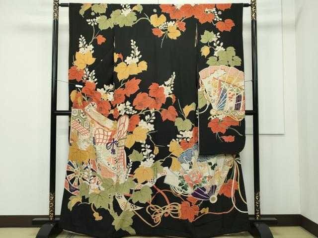 平和屋本店■極上　アンティーク　大正ロマン　振袖　駒刺繍　御所車檜扇花文　黒地　金彩　逸品　CZAA2046s5