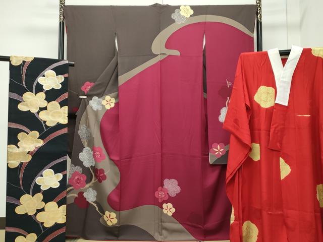 平和屋本店■極上　振袖・長襦袢・袋帯セット　枝梅　たたき染め　逸品　CZAA2053s5