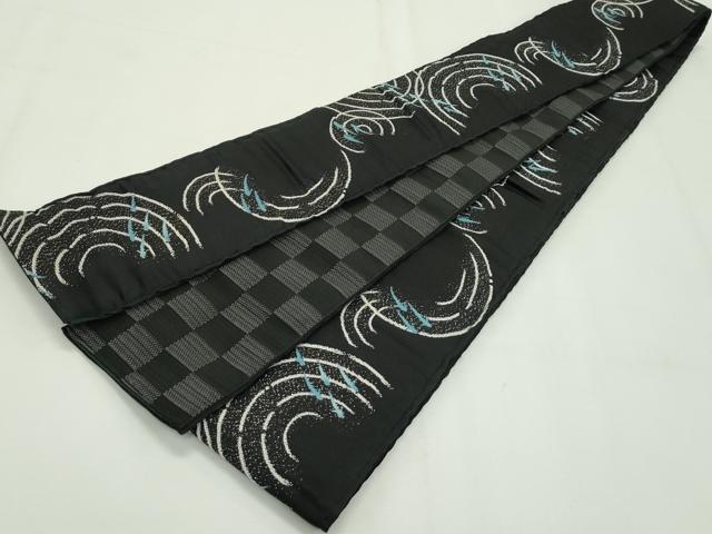 平和屋本店■極上　男性　両面　角帯　魚　市松文様　黒地　銀糸　逸品　CZAA2095s5