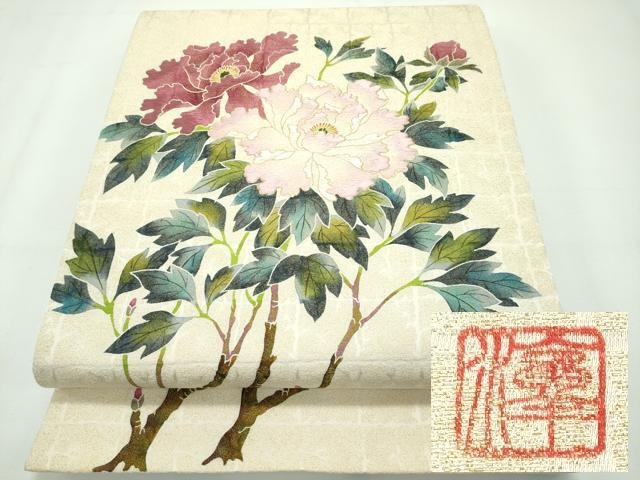 平和屋本店■極上　手描き友禅作家　腰原淳策　太鼓柄袋帯　刺繍　枝牡丹　金糸　逸品　CZAA2133s5
