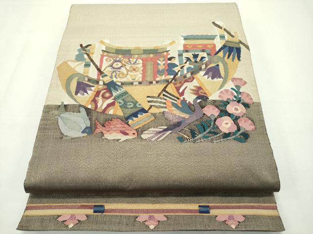 平和屋本店■極上　手織綴れ　山鹿清華　太鼓柄袋帯　埃及人物華鳥　金糸　逸品　CZAA2158s5