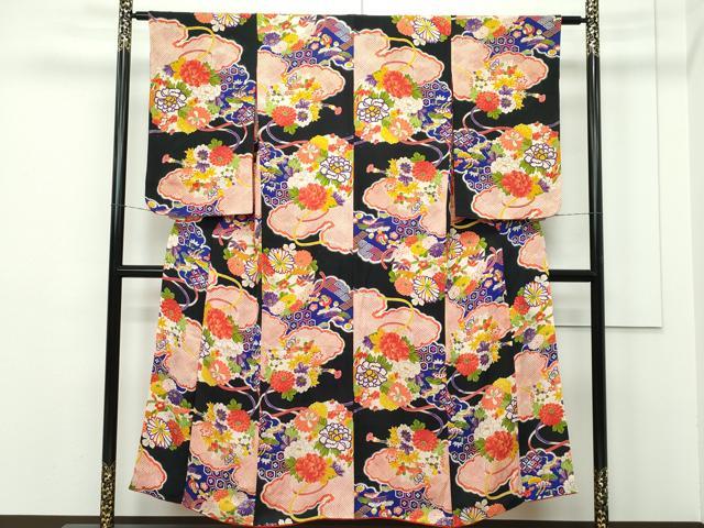 平和屋本店■極上　アンティーク　大正ロマン　小紋　宝尽くし草花文　黒地　逸品　CZAA2210s5