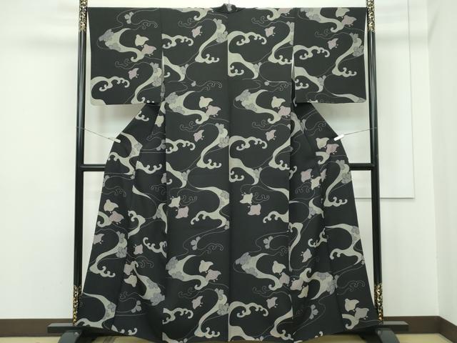 平和屋本店■極上　伝統工芸極型小紋　京友禅　千鳥立波花文　黒地　反端付き　逸品　CZAA2215s5