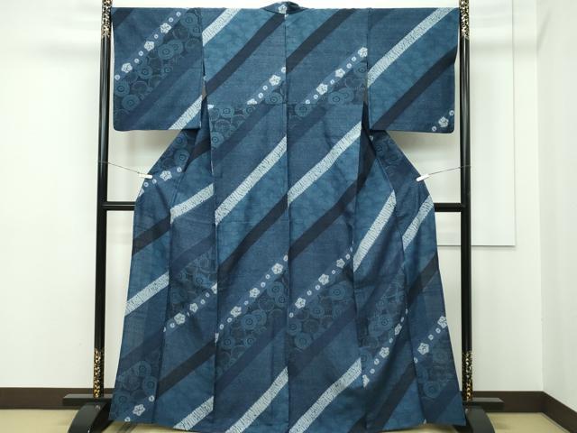 平和屋本店■極上　伝統工芸士　七代目　吉澤与市　紬　単衣　絞り　斜線花文　藍　逸品　CZAA2228s5