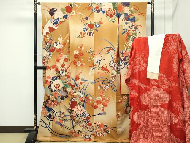 平和屋本店□極上 アンティーク 大正ロマン 振袖 駒刺繍 扇面鳳凰吉祥花文
