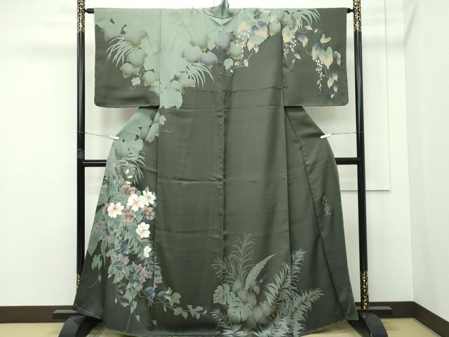 平和屋本店■極上　皇室デザイナー　中村乃武夫　訪問着　草花文　金彩　海松茶色地　金彩　反端付き　逸品　未使用　CZAA2284s5