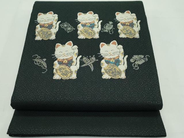 平和屋本店■極上　太鼓柄袋帯　招き猫　黒地　逸品　未使用　CZAA2329s5
