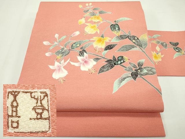 平和屋本店■極上　人間国宝・羽田登喜男　九寸名古屋帯　草花文　鬼しぼ縮緬　鉛丹色地　逸品　未使用　CZAA2337s5