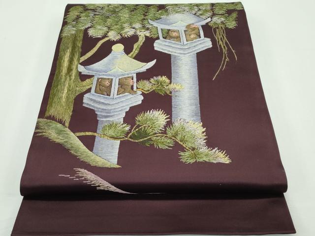 平和屋本店■極上　ファッションデザイナー　花井幸子　太鼓柄袋帯　総手刺繍　猿　紫鳶色地　逸品　CZAA2440s5