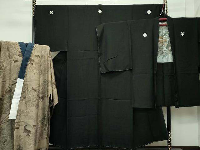平和屋本店■極上　男性　黒紋付・羽織・長襦袢セット　鹿　逸品　未使用　CZAA2498s5