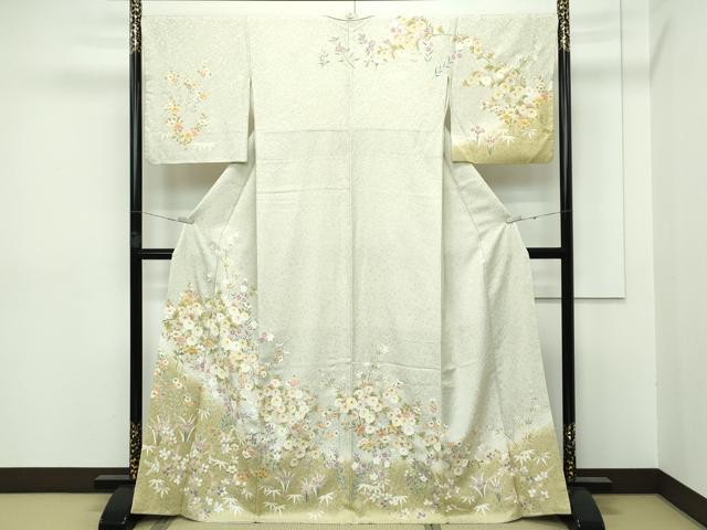 平和屋本店■極上　訪問着　草花文　暈し染め　金彩　白橡色地　逸品　CZAA2641s5