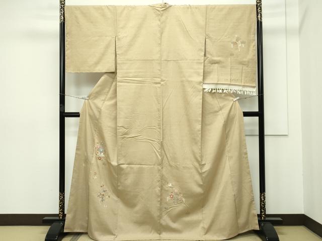 平和屋本店■極上 創業460年・千總 訪問着 紬地 総刺繍 相良刺繍 本草木染 花鳥文 金糸 飴色地 反端付き 逸品 未使用 CZAA2652s5