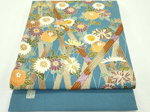 平和屋本店■極上 創業130年 江戸染繍友禅 大彦 九寸名古屋帯 松葉仕立て 刺繍 籬草花文 金糸 鬼しぼ縮緬 藍鼠色地 逸品 CZAA2693s5