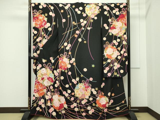 平和屋着物●女優・吉永小百合　訪問着　色紙舞扇花文　黒地　金銀彩　ロング丈　正絹　逸品　AAAY7350ck 平和屋着物○女優・吉永小百合 訪問着 色紙舞扇花文 黒地 金銀彩