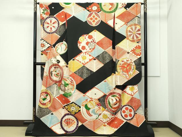 平和屋本店■極上　アンティーク　大正ロマン　振袖　駒刺繍　菱松葉宝尽くし丸文　黒地　金銀彩　逸品　CZAA2766s5