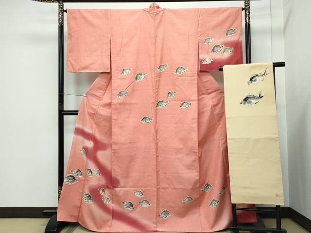 平和屋本店■極上　訪問着・名古屋帯セット　作家物　紬地　魚　着物：遠州茶色地　帯：榛色地　逸品　CZAA2794s5