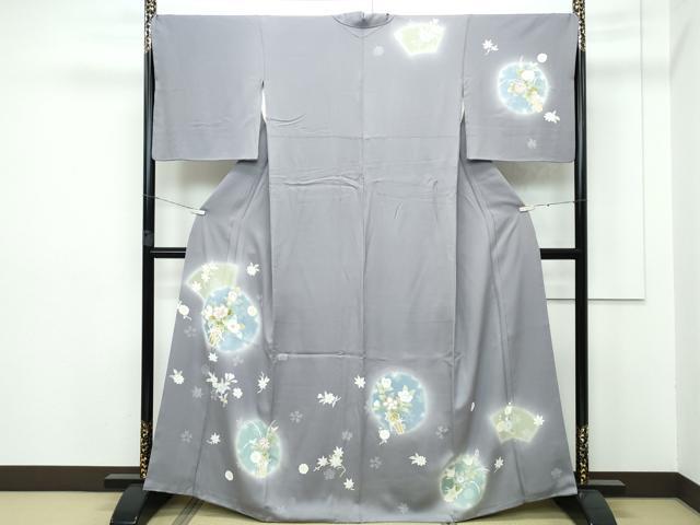 平和屋本店■極上　訪問着　駒刺繍　蛍暈し　雪輪草花文　金彩　桔梗鼠色地　逸品　CZAA2803s5