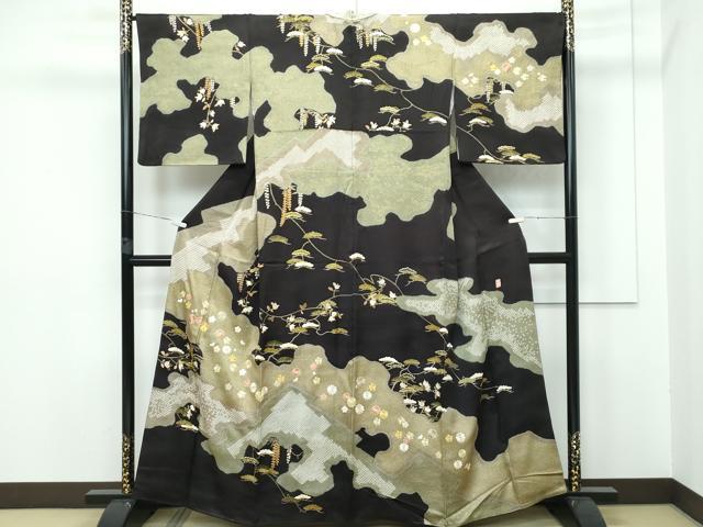 平和屋本店●極上　十日町　名門青柳高級ブランド　大喜百花　訪問着　駒刺繍　絞り　霞花松文　金彩　憲法黒茶色地　逸品　CZAA2812s5