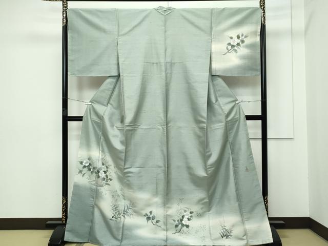 平和屋本店■極上　訪問着　作家物　白山紬地　手描き　花籠文　青白橡色地　反端付き　逸品　CZAA2828s5