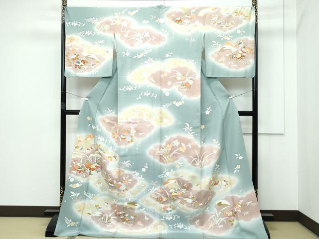 平和屋本店■極上　創業460年・千總　訪問着　駒刺繍　雲取り草花文　暈し染め　金彩　深川鼠色地　逸品　CZAA2837s5