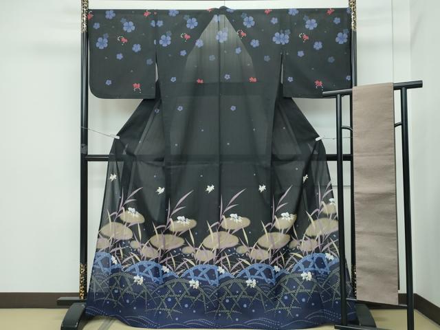 平和屋着物■極上　夏物　訪問着・半幅帯セット　ANNA SUI　セオアルファ　籬草花文　金魚　黒地　洗える着物　CZAA2886s5