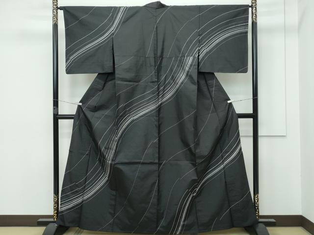 平和屋本店■極上　訪問着　単衣　紬地　総刺繍　刺し子　流線文　黒地　逸品　CZAA2951s5