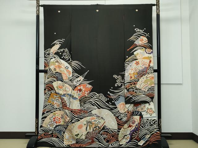 平和屋着物■極上　アンティーク　大正ロマン　振袖　立波扇面吉祥花文　黒地　金銀彩　逸品　CZAA3018s5