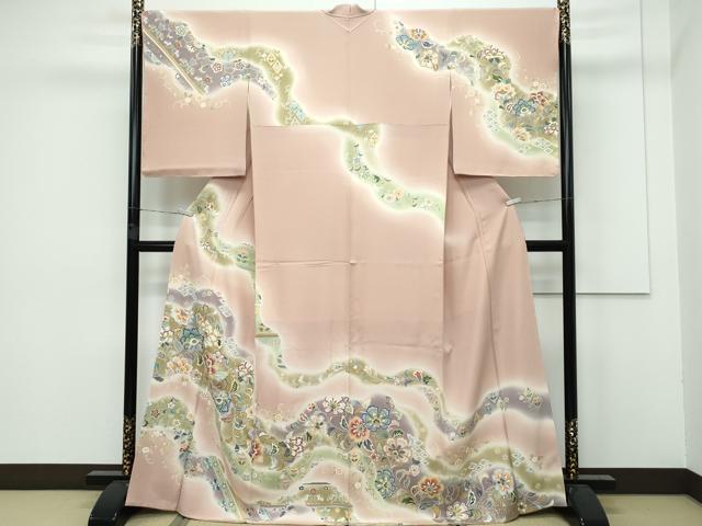 平和屋本店■極上　訪問着　更紗唐草文　暈し染め　金彩　柴染色地　逸品　未使用　CZAA3019s5