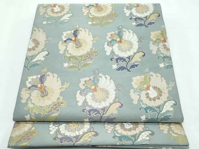 平和屋着物■極上　「美しいキモノ」お馴染みのメーカー　となみ織物　六通柄袋帯　里村紹巴　名物裂　金糸　青白橡色地　逸品　CZAA3067s5