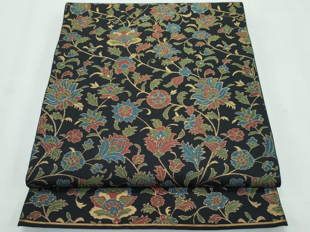平和屋着物■極上　織物一筋名門　織悦　全通柄　本袋帯　更紗花文　黒地　金糸　逸品　CZAA3068s5