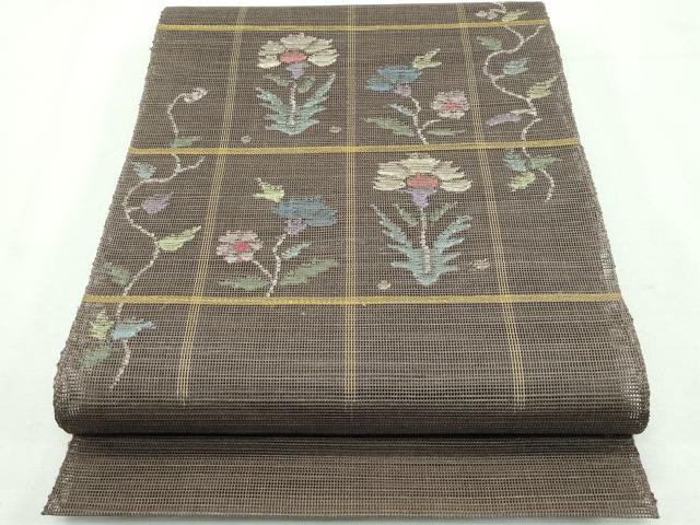 平和屋着物■極上　夏物　1854年創業　帯屋捨松　八寸名古屋帯　格子草花文　媚茶色地　逸品　未使用　CZAA3082s5