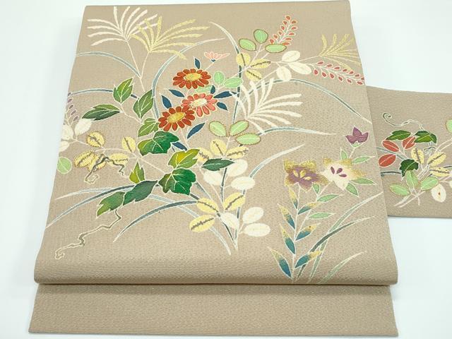 平和屋本店■極上　九寸名古屋帯　友禅　作家物　明美　駒刺繍　草花文　金彩　鬼しぼ縮緬　枯色地　逸品　未使用　CZAA3182s5