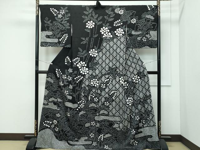 平和屋着物■極上　訪問着　絞り　エ霞地紙草花文　黒地　逸品　CZAA3218s5