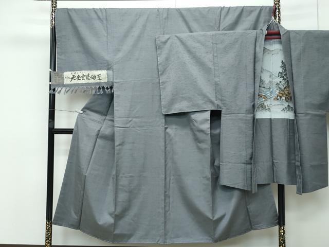 平和屋着物■極上　男性　天蚕雲龍紬　羽織セット　色無地　藍海松茶色　証紙付き　逸品　未使用　CZAA3234s5