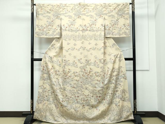 平和屋本店■極上　訪問着　総刺繍　中国三大刺繍　スワトウ相良刺繍　草花風景文　金糸　枯色地　逸品　CZAA3263s5